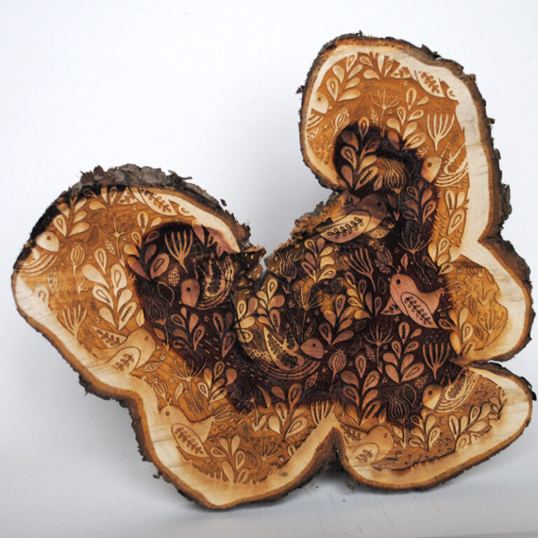 Etched whimsical wood Art Auction by Zoe Feast