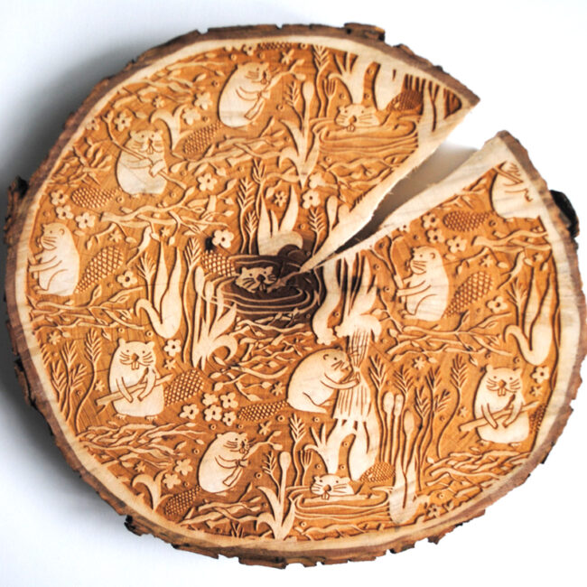 Etched whimsical wood Art Auction by Zoe Feast