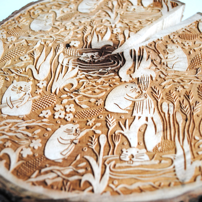 Etched whimsical wood Art Auction by Zoe Feast