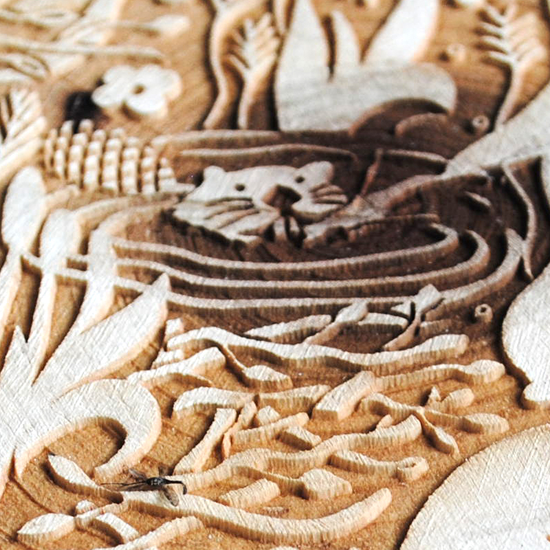 Etched whimsical wood Art Auction by Zoe Feast